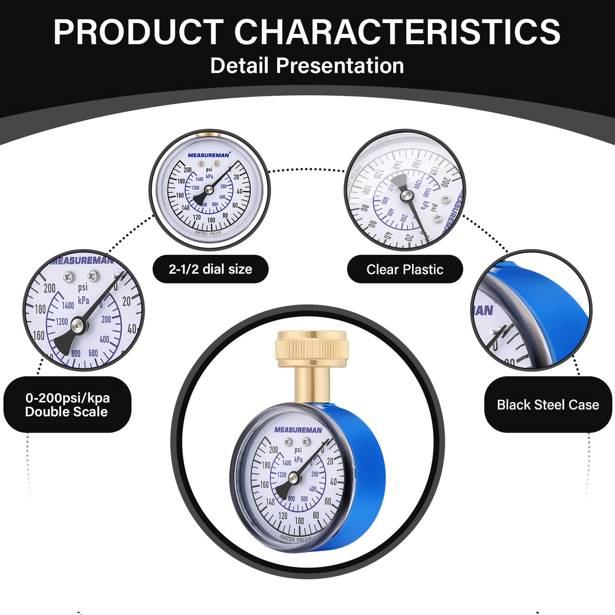 MEASUREMAN Blue 0-200 PSI Water Pressure Gauge, 2-1/2'' Dial, Hose bib ...