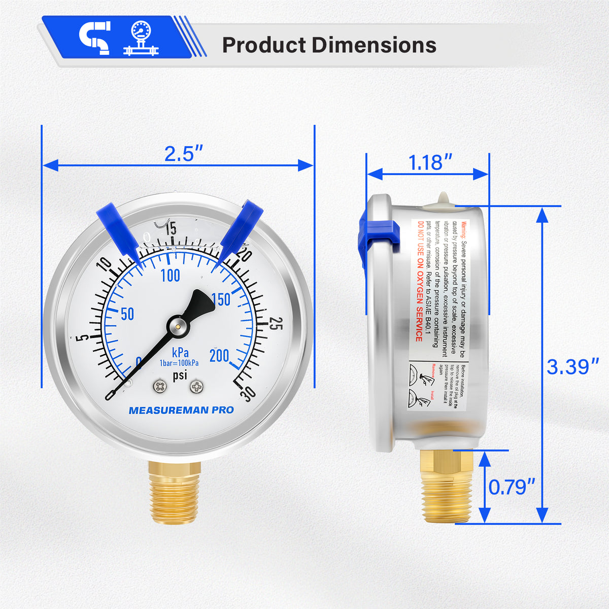 MEASUREMAN PRO 2.5'' Glycerin Filled Pressure Gauge, 0-30psi/kpa, 304 ...