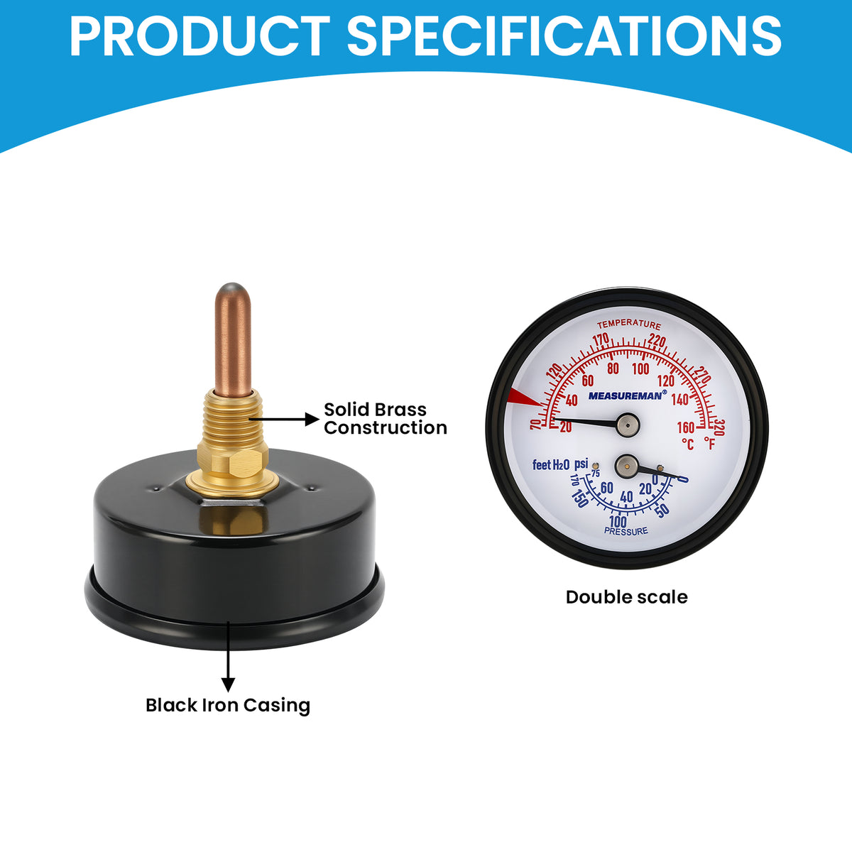 MEASUREMAN Commercial Tridicator, 2.5" Dial, 1/4" NPT Back Mount, Dual ...