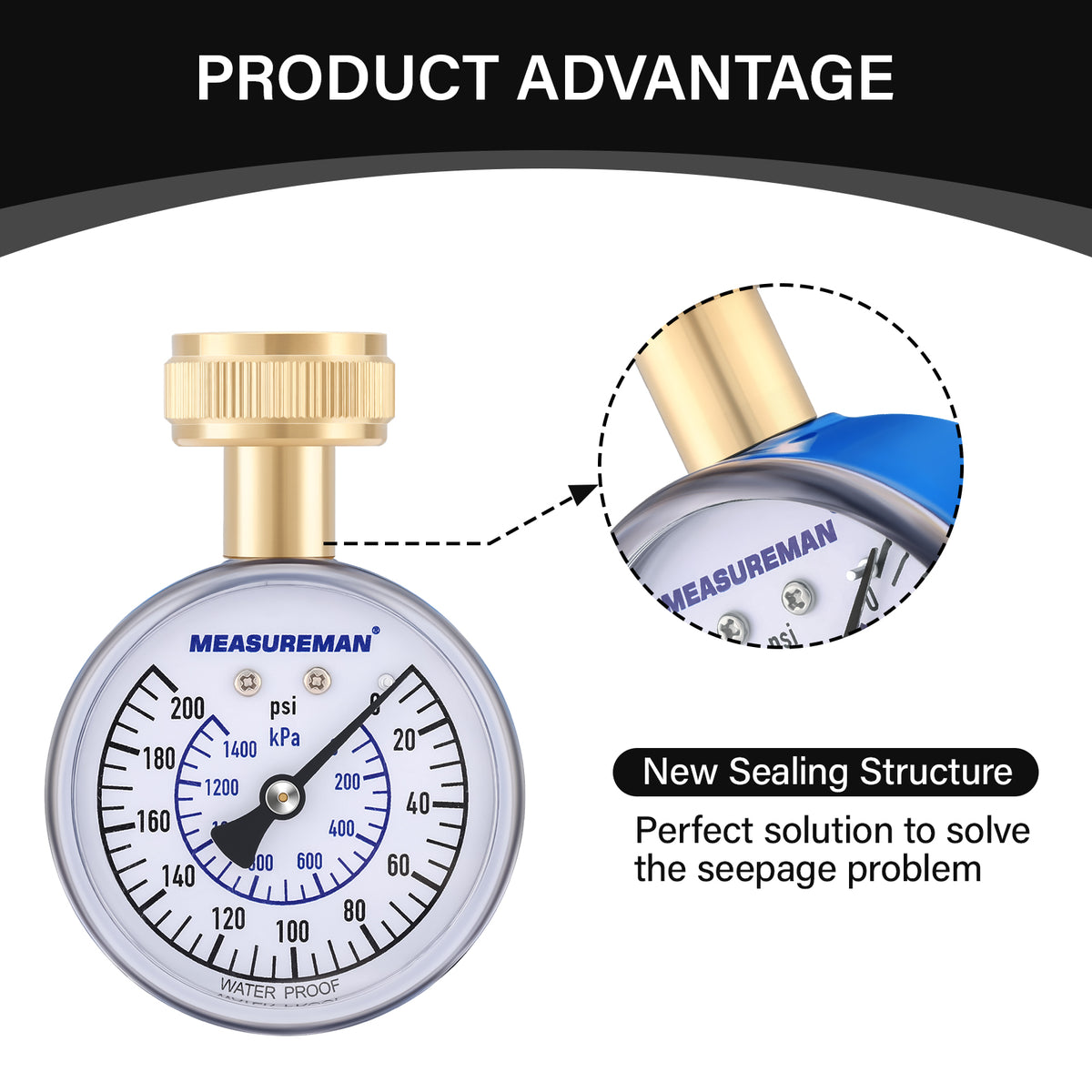 MEASUREMAN Blue 0-200 PSI Water Pressure Gauge, 2-1/2'' Dial, Hose bib ...