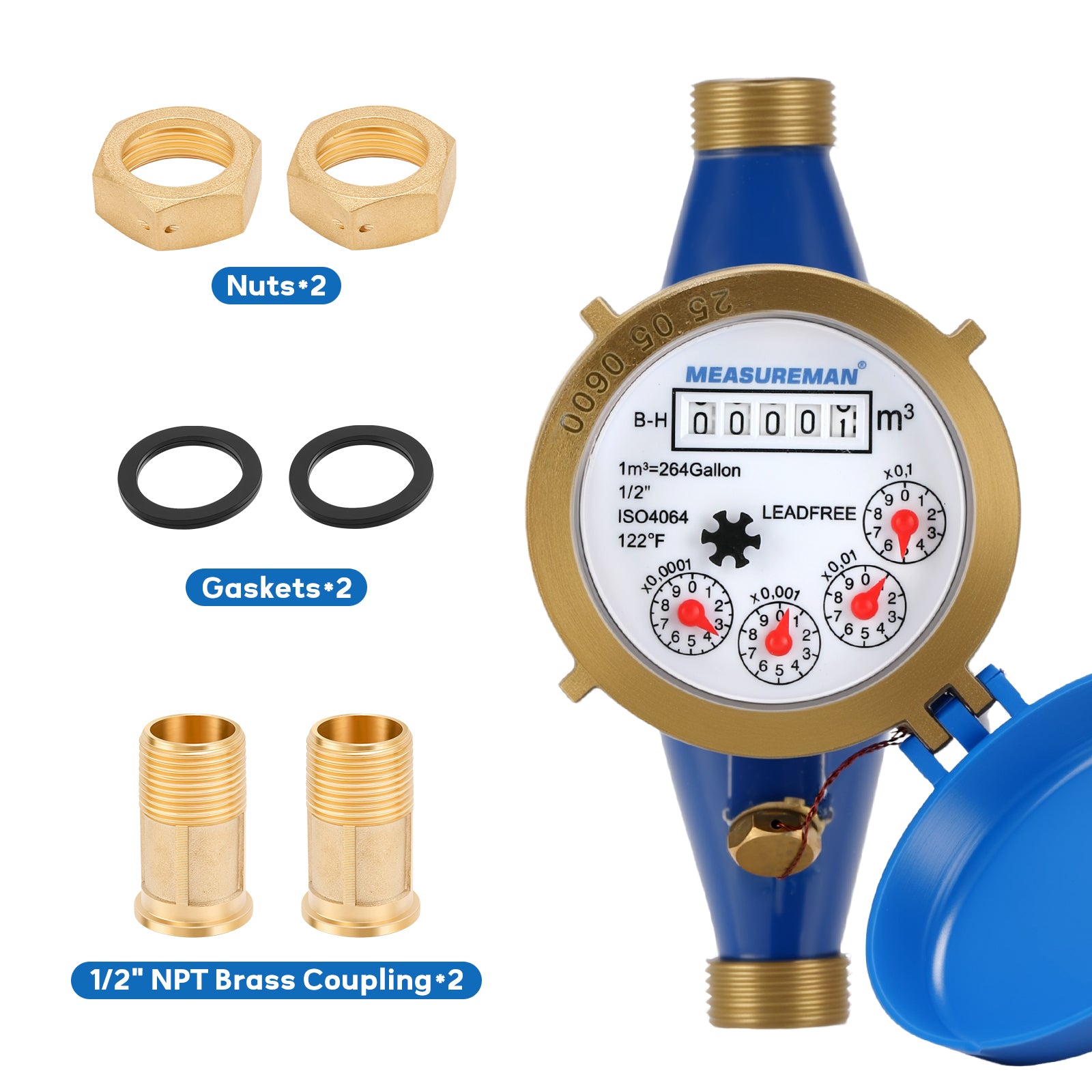 MEASUREMAN 1/2" Non-Pulsed Multi-Jet Cubic Meter Water Meter Brass Bod ...