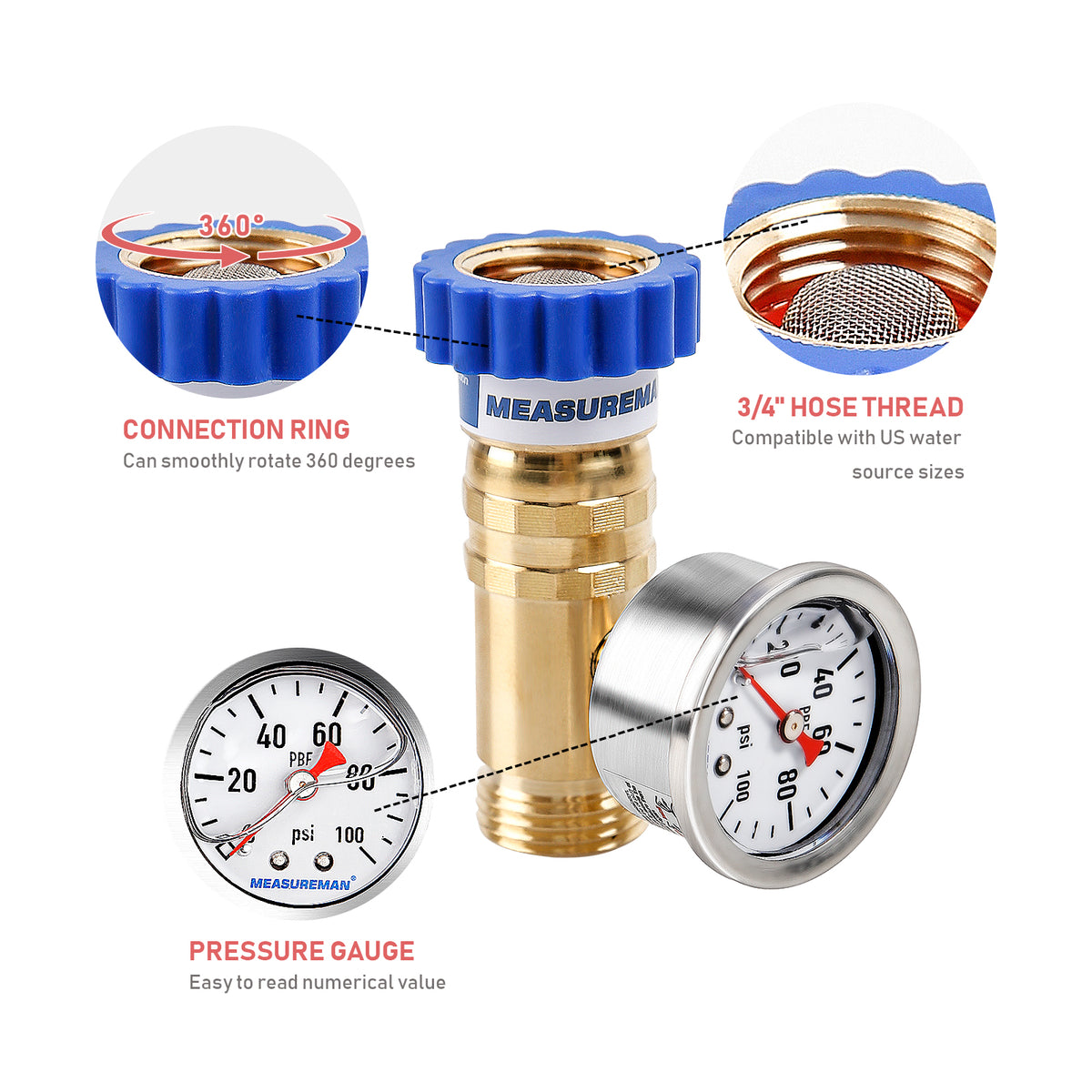 MEASUREMAN Lead-Free Brass Water Pressure Regulator, Garden Hose Press ...