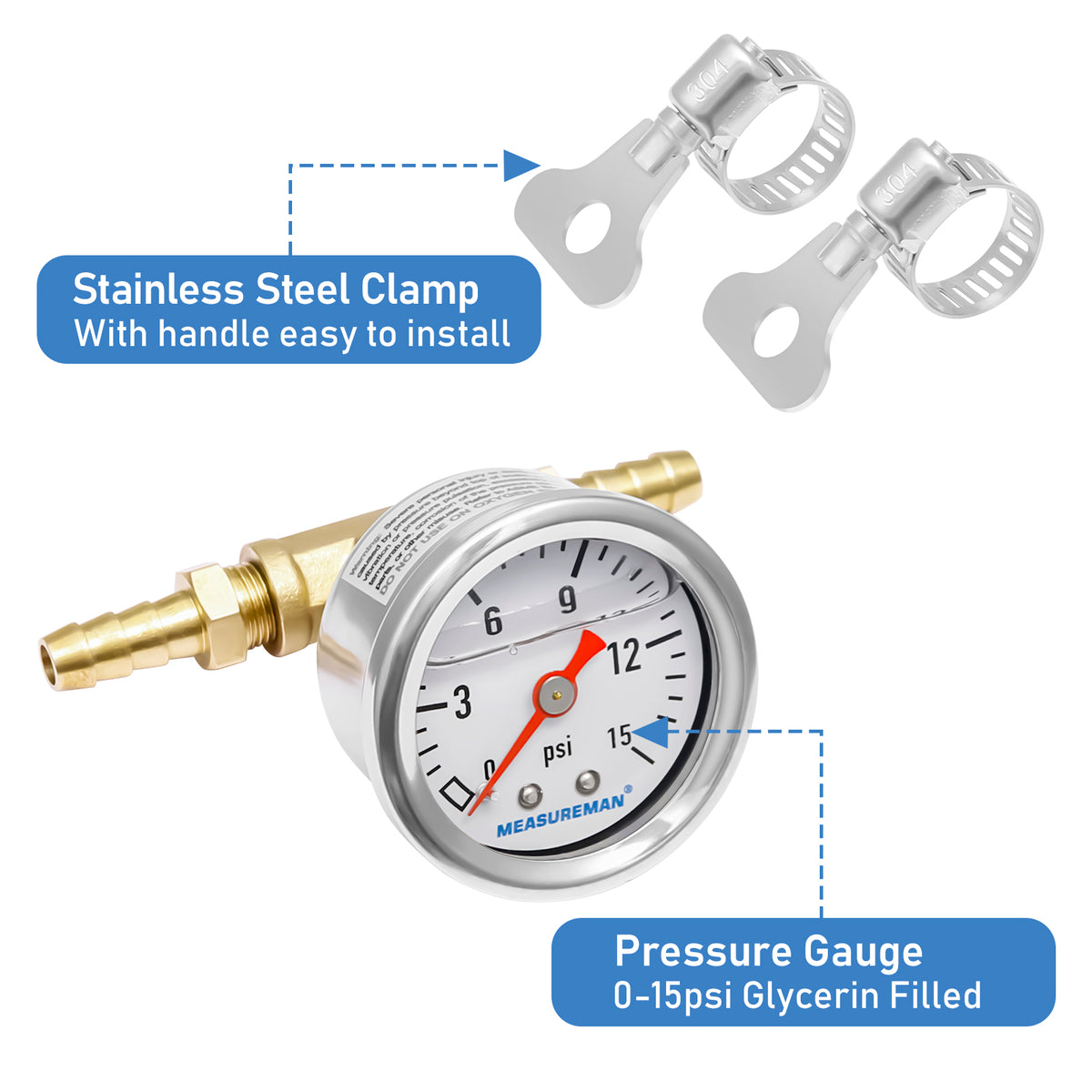 MEASUREMAN Fuel Pressure Gauge Kit 0-15Psi Stainless Steel Glycerin Fi ...