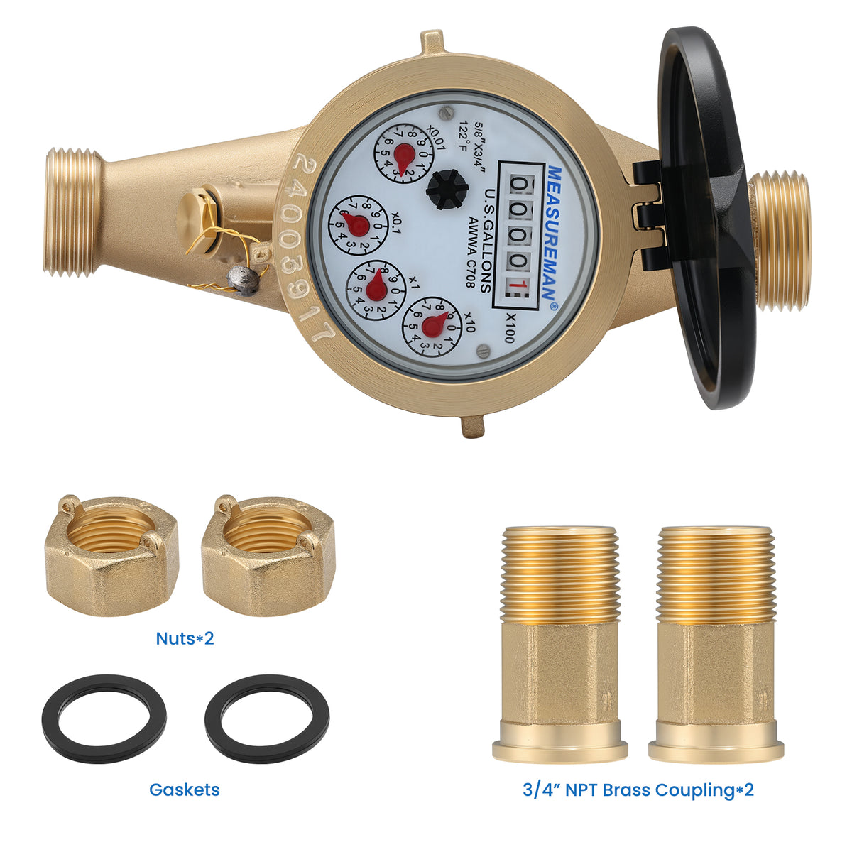 MEASUREMAN 3/4” Non-Pulsed Multi-Jet Gallon Water Meter, Heavy-Duty Br ...