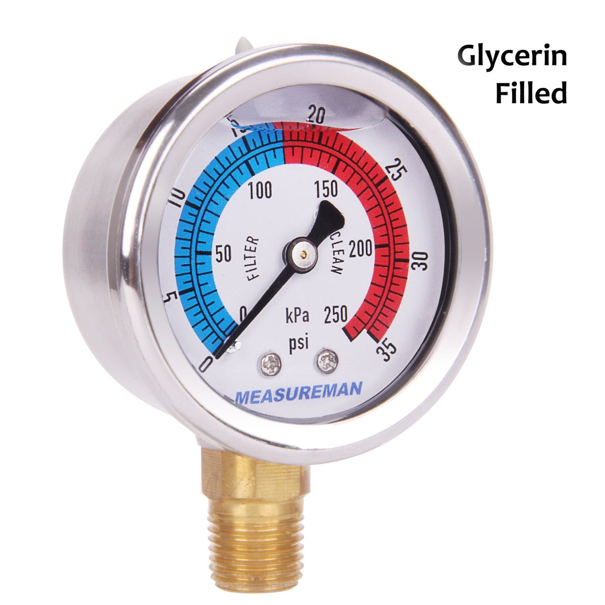 Measureman 2" Dial Size, Glycerin Filled Pool Filter Pressure Gauge, 3 ...